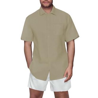 Generic T-shirt en lin blanc pour homme - Chemise en lin &agrave; manches courtes - Chemise en coton boutonn&eacute;e - Coupe ajust&eacute;e - Pour homme, beige, 4XL