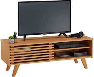 IDIMEX Meuble TV Sean Banc t&eacute;l&eacute; de 115 cm au Design Vintage avec 4 niches et 1 Porte coulissante ajour&eacute;e, en pin Massif &agrave; la Finition teint&eacute;e/cir&eacute;e