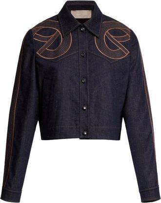 Elie Saab veste en jean &agrave; broderies - Bleu