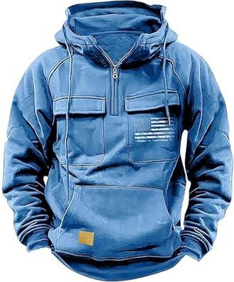 Generic Sweat à capuche zippé pour homme - Style vintage - Drapeau américain patriotique - Plusieurs poches, Sweat à capuche zippé pour homme Bleu clair, L