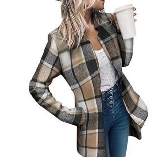 Generic Manteau ouvert sur le devant avec poche de couleur unie pour femme, blazer de travail d&eacute;contract&eacute; en serg&eacute; 2 poches lat&eacute;rales, Plaid kaki., XXL
