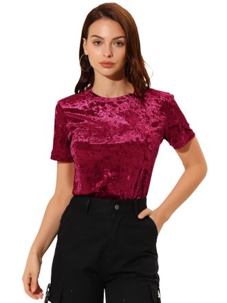 Allegra K Damen Samt T-Shirt Party Velvet Shirt Kurzarm Rundhals Elegant Samt Bluse Oberteil Rot M