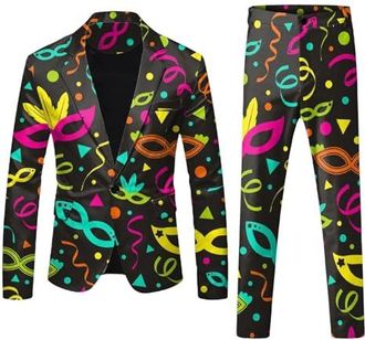 Generic Gentle Giant 3 pièces Suite pour homme Carnaval Imprimé Veste et pantalon décontractés Vêtements de fête de vacances Costume coloré pour homme, Noir, 