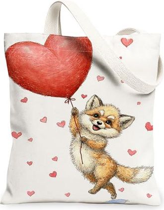 Generic Sacs fourre-tout en toile avec motif animal mignon, motif renard, l&eacute;gers, lavables et r&eacute;utilisables pour la Saint-Valentin, blanc, 13x15 Inch