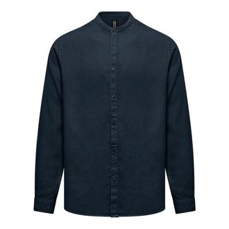 Bomboogie Homme, Chemises, Bleu, Taille: L Chemise en lin &agrave; col mandarin