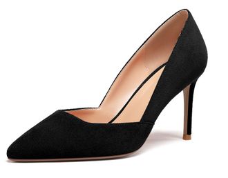 EDEFS Damen Spitze Zehen Pumps 8.5CM Hoch Stiletto Schuhe Modische Dorsay Schuhe Wildleder Schwarz Gr&ouml;&szlig;e EU38