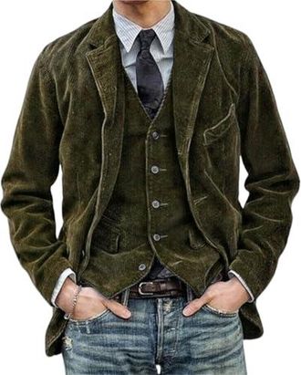 Generic Veste vintage en velours côtelé pour homme, manteaux de sport décontractés, veste de costume boutonnée vintage, veste blazer en velours côtelé, Vert, 