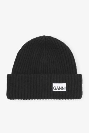 Ganni Oversized Woll-Rippstrickmütze schwarz