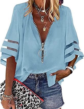 Onsoyours Femme Sweater Été Grande Taille Couleur Unie Fermeture Éclair Col en V Chic Haut Top Blouses Chemisiers Tee-Shirt en Mousseline de Soie C Bleu L