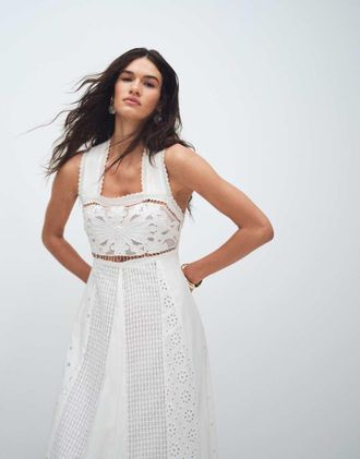 Topshop Robe trap&egrave;ze longue en broderie anglaise ajour&eacute;e - Blanc