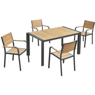 Vente-Unique Salle &agrave; manger de jardin en aluminium : une table L.150 cm et 4 fauteuils empilables - Naturel clair et anthracite - NYROS de MYLIA