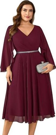 Ever-pretty Robe pour Mariage Invit&eacute; Midi Femme &Eacute;l&eacute;gante Soir&eacute;e Grandes Tailles Mousseline Manches Longues Bordeaux 48