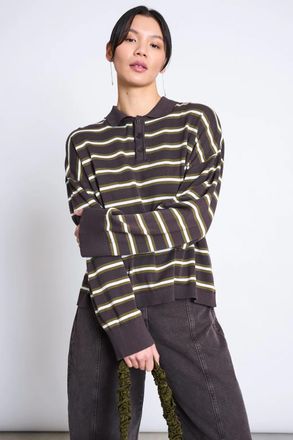 JAN 'N JUNE Damen vegan Strickpullover Polo Etta Dunkelschokolade Gestreift