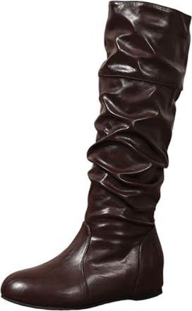 Generic Bottes hautes pour femme &agrave; talon plat confortables - Bottines de marche &eacute;l&eacute;gantes de couleur unie pliss&eacute;es d&eacute;contract&eacute;es &eacute;l&eacute;gantes &agrave; enfiler - Bottes 