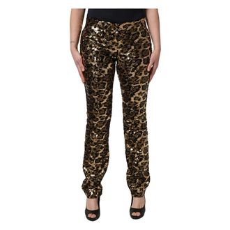 Dolce & Gabbana Femme, Pantalons, Jaune, Taille: 34 FR Pantalon Droit &agrave; Sequins L&eacute;opard Dor&eacute;