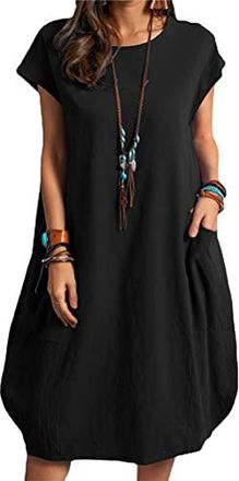 Onsoyours Robe d&eacute;t&eacute; pour Femme Col Rond Robe Vintage en Lin Boho Loose Robes de Plage Manches Courtes Casual A Noir S