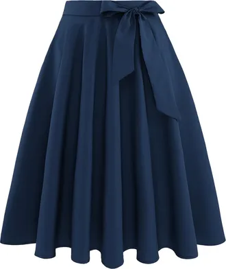 Bbonlinedress Trachtenrock Damen Knielang R&ouml;cke Vintage Rockabilly Oktoberfest Rock Basic Vielseitige Casual Tellerrock Hohe Taille Freizeitrock Navy 2XL