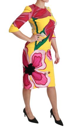 Dolce & Gabbana Womens Yellow Floral Crystal Bodycon Sheath Dress Silk Viscose Acetate Elastane
