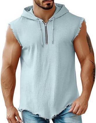 Generic Gilet &agrave; capuche avec fermeture &eacute;clair 1/4 pour homme, gilet sans manches en coton et lin, gilet &agrave; capuche pour sports de plein air, gilet l&eacute;ger et ten