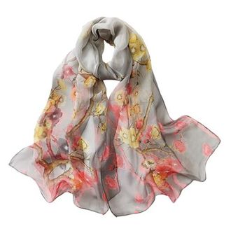 Generic Écharpe légère en mousseline de soie pour femme, motif feuilles de prunier pour la plage, le quotidien, les fêtes, les banquets, Fleur de Prunier Gris
