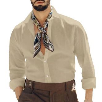 Generic Chemise en lin &agrave; manches longues pour homme - Chemise en coton &agrave; manches longues boutonn&eacute;e en coton blanc - T-shirt fin l&eacute;ger - T-shirt noir - V&ecirc;temen