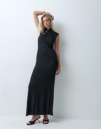 Asos &auml;rmelloses Devore-Maxikleid mit Mandarin-Detail in Schwarz