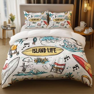 Generic Drucken Bettwäsche Kritzelstil Surfen Elemente Thema Mikrofaser Bettbezug Set mit Kissenbezug 80x80cm Weiß Bettbezug 135 x 200 cm mit Reißverschluss