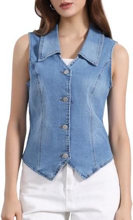 Allegra K Gilet en Jean femme Blouson sans Manches en Denim D&eacute;lav&eacute; Veste Bouonn&eacute; &agrave; Col en V Bleu Clair XL