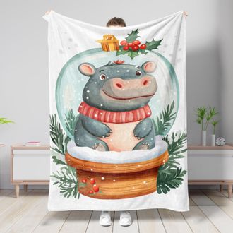 Generic Nilpferd-Schneekugel-Decke, graues Urlaubs-Tierdekor, &Uuml;berwurfdecke, weiches, gem&uuml;tliches Pl&uuml;sch-Fleece f&uuml;r Sofa, Camping, Reisen, Winter, Weihnachten