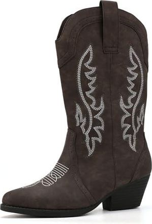 Generic Bottes De Cowboy pour Femmes Bottes Western À Bout Pointu Mi-Mollet Cowgirl Pull on Chaussures Brodées,Noir,36 EU