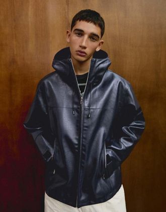 Bershka veste effet cuir marine-bleu marine