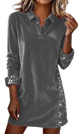 EUDOLAH Femmes &Eacute;l&eacute;gante Robe &agrave; Paillettes Robe Chemise &agrave; Col en V et Manches Longues Robe de Soir&eacute;e S&eacute;duisante Robe de Cocktail Chic en Velours(M, Gris)