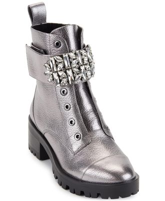 Karl Lagerfeld Damen Pippa Lug Sole Combat Boot with Rhinestone Embellishments Springerstiefel, Silber, 38 EU