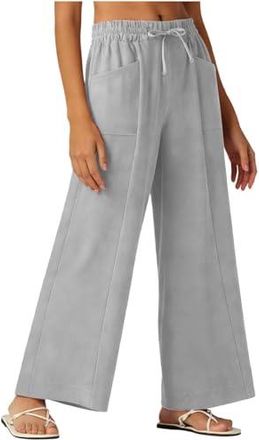Generic Pantalon court d&eacute;contract&eacute; &agrave; jambe large pour femme - Taille haute - &Eacute;lastique - Cordon de serrage - Avec poches - Coupe ample - Confortable - Pour l&eacute;