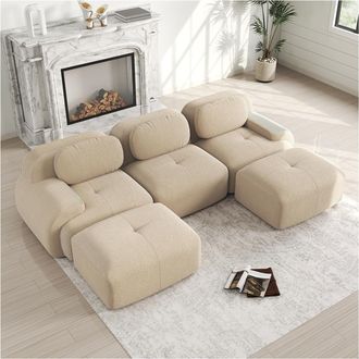 Generic L-f&ouml;rmiges modulares Cordsofa, modulares Ecksofa, Dreisitzer-Sofa, rahmenloses Sofa, ergonomisch, hochelastisch 32D gepolstert, for Wohnzimmer(Beige,3