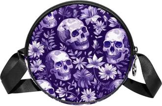 Generic Sac &agrave; bandouli&egrave;re circulaire pour femme, motif floral violet, cr&acirc;nes, petit sac &agrave; dos &agrave; bandouli&egrave;re avec fermeture &eacute;clair, bretelles r&eacute;glables, sac &agrave; 