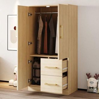 Generic Kleiderschrank 70x40x135 cm in Holzfarbe - Doppelt&uuml;r-Design mit Schubladen & Stauf&auml;chern - Kinderkleiderschrank & Einzelkleiderschrank (Naturholz + Ho