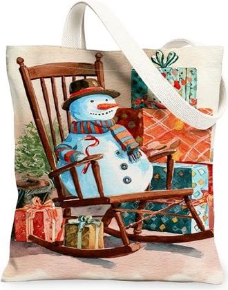 Generic Sacs fourre-tout en toile motif bonhomme de neige r&eacute;utilisables, sacs joyeux, l&eacute;gers et lavables avec bandouli&egrave;re pour voyage, pique-nique, 33 x 38 cm