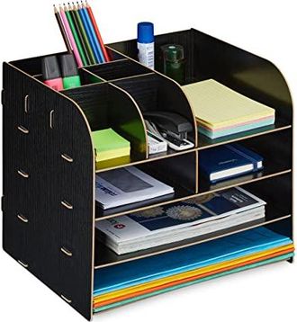 Relaxdays Schreibtisch Organizer mit Dokumentenablage, 10 Fächer, HBT: 27,5 x 32,5 x 25 cm, Büroorganizer MDF, schwarz