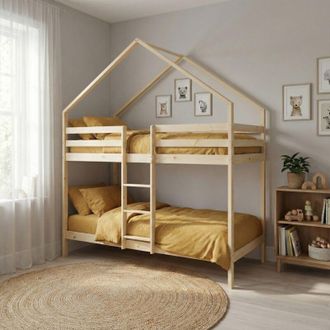 Sweeek Lit enfant superpos&eacute; cabane 90 x 190 cm pin naturel sommier &agrave; lattes inclus - Roya