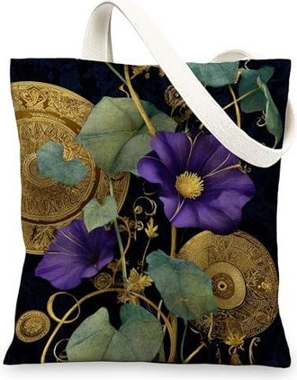 Generic Sac fourre-tout en toile à motif floral, sacs de courses vintage réutilisables, sacs élégants et légers à bandoulière violets 33 x 38 cm