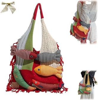 Generic 3D Fish Knitted Tote Bag,Cute Cartoon Fish Patchwork Shoulder Bags,Large Capacity Bohemian Hobo Handbag for Travel Vacation (D)