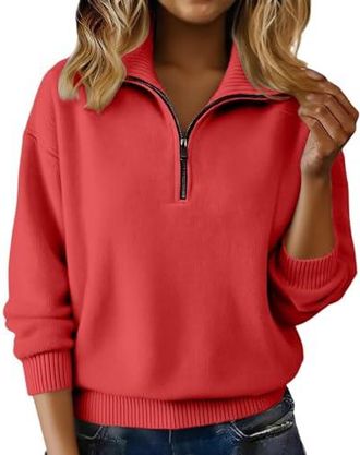 Generic Pull en cachemire doux surdimensionné avec fermeture éclair quart de tour pour femme, col montant, manches longues, confortable, automne hiver, couleu