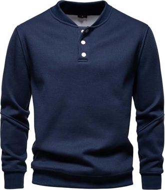 Generic Chemise Henley thermique en tricot gaufré pour homme, quart de bouton, col en V, coupe ajustée, pull Henley à manches longues pour homme, noir foncé, 