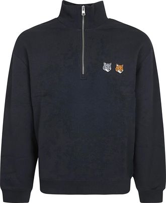 Maison Kitsun&eacute; Homme, Sweatshirts et sweats &agrave; capuche, Bleu, Taille: S Double Fox Head Half Zip Comfort SweaT-shirt