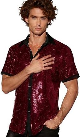 Generic Chemise pour homme &agrave; manches courtes et paillettes brillantes, col &agrave; revers, chemise boutonn&eacute;e, coupe d&eacute;contract&eacute;e, chemise brillante, sans plis, resp
