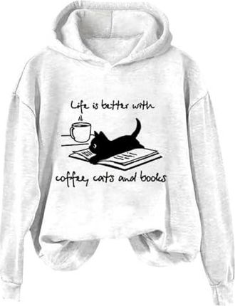 Generic Pull &agrave; fermeture &eacute;clair pour femme Imprim&eacute; chat caf&eacute; et livre Sweat-shirt &agrave; capuche col rond Pull amusant No&euml;l Cadeau V&ecirc;tements &agrave; capuche, blanc, S