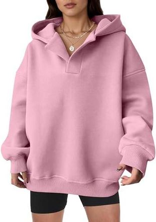 Generic Sweat &agrave; capuche surdimensionn&eacute; &agrave; col en V pour femme - Pull en polaire &agrave; manches longues - V&ecirc;tements Y2K - Tenue tendance automne 2025, rose, XXL