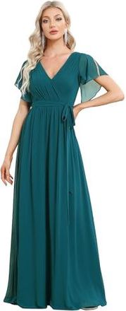 Ever-pretty Robe pour Mariage Invité Longue Femme Col V Mousseline A Line Manches Courtes Plissé ChicBleu Sarcelle 44