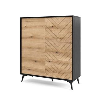 Selsey Boulia - Highboard 2-t&uuml;rig Schwarz mit Fischgr&auml;tfronten in Eiche, 104 cm